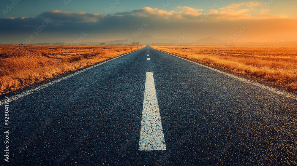 long, empty asphalt road stretches into the distance, with a prominent ...