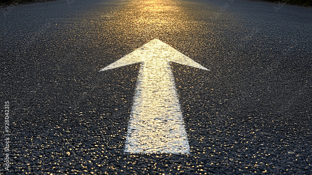 long, empty asphalt road stretches into the distance, with a prominent ...