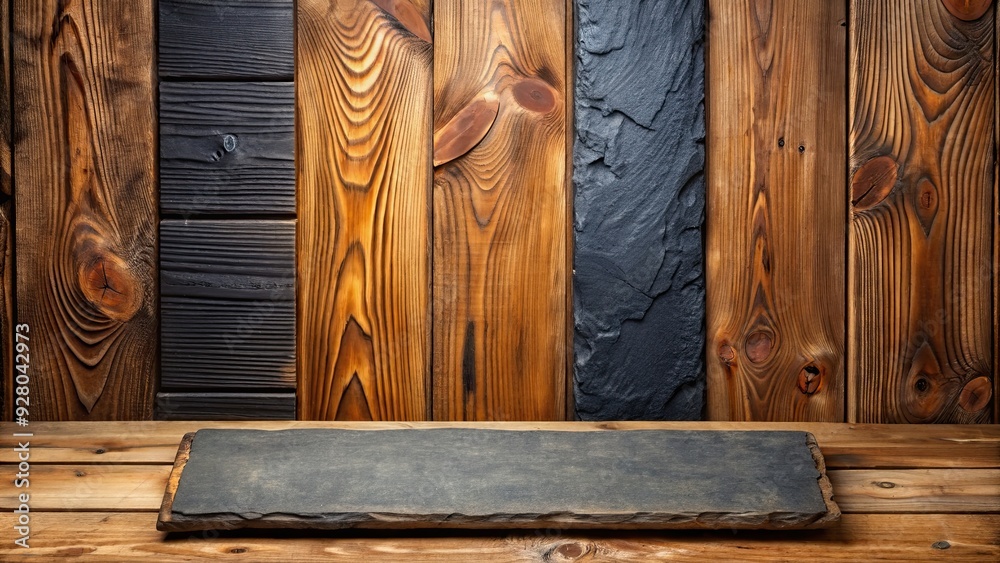 Weathered wood planks and black slate background for rustic design ...