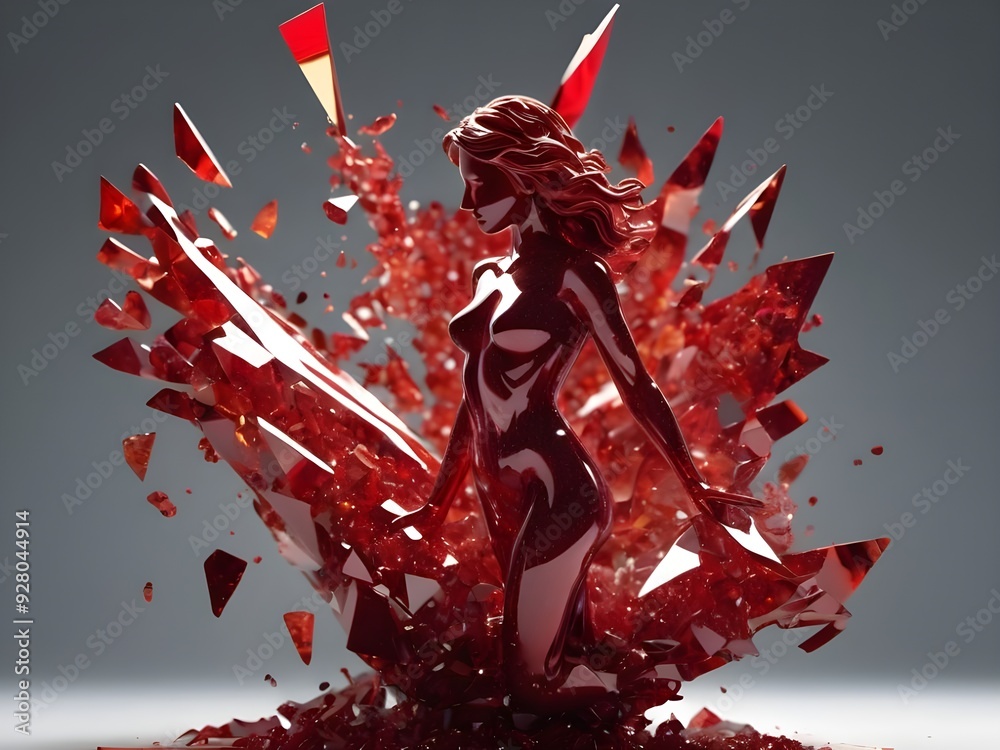ultra detailed shot of a shattering sculpture made of red glass in a ...