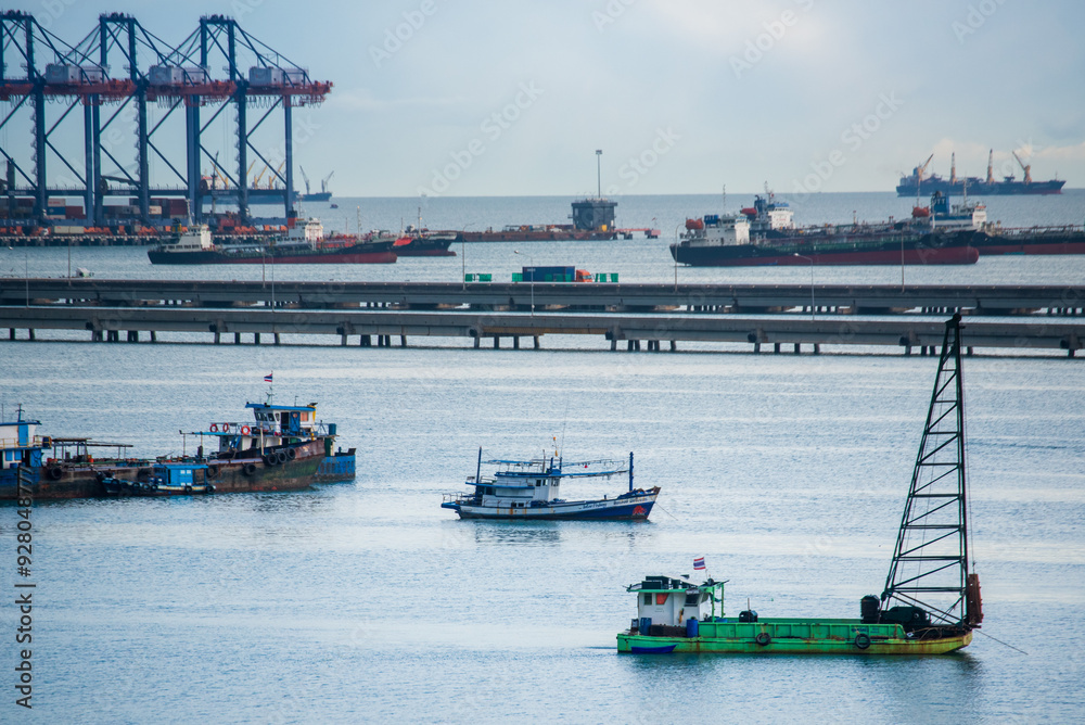 Logistic shipping quay boat in twilight sky night Engineering crane ...