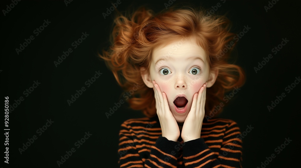 young girl surprised look face redhead kid suspense shocking ...