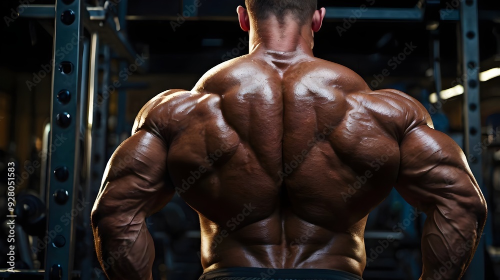 Bodybuilder with a cobra back muscular body after training at the gym ...