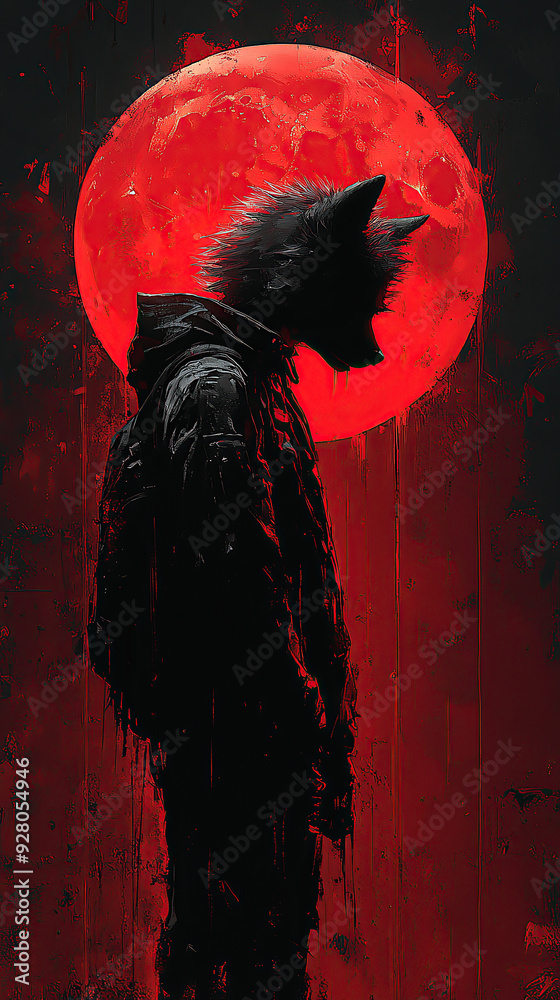 sad werewolf with dark red fullmoon use for smartphone wallpaper or ...