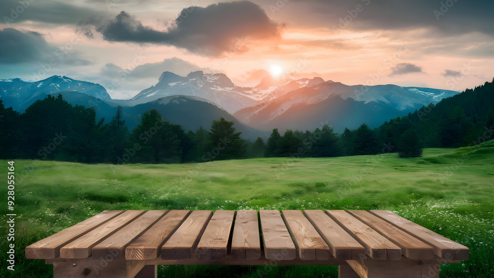 mountain green field landscape background and wooden empty dais table ...