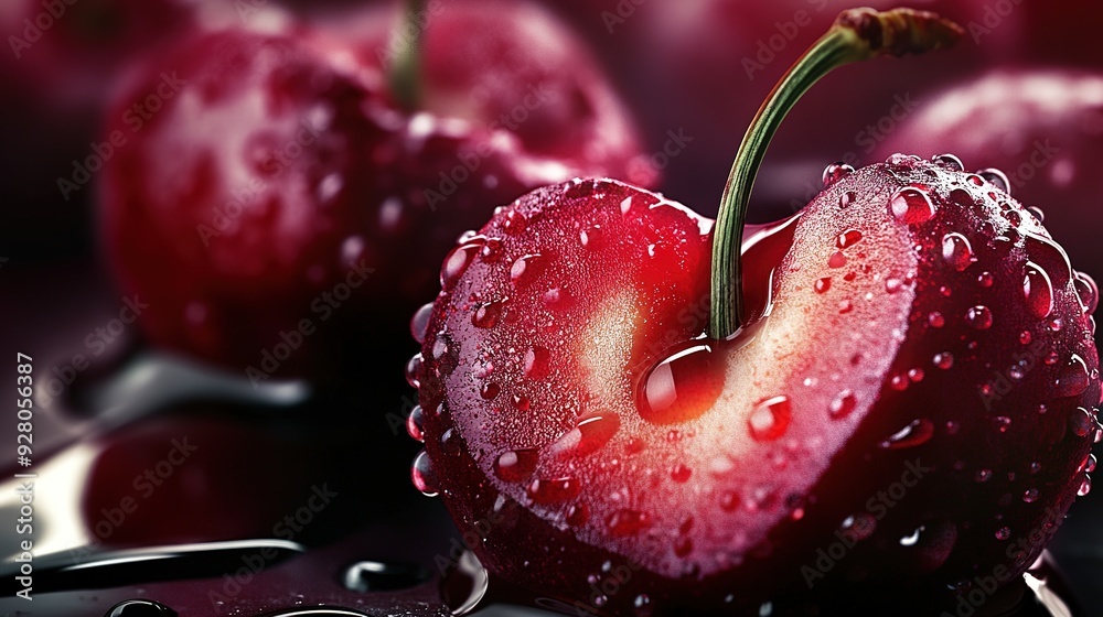 hotorealistic Image of a Cherry Slice Cut in Half with Water Droplets ...