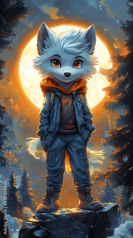 cute werewolf in winter in a leather coat standing on a hill with a ...