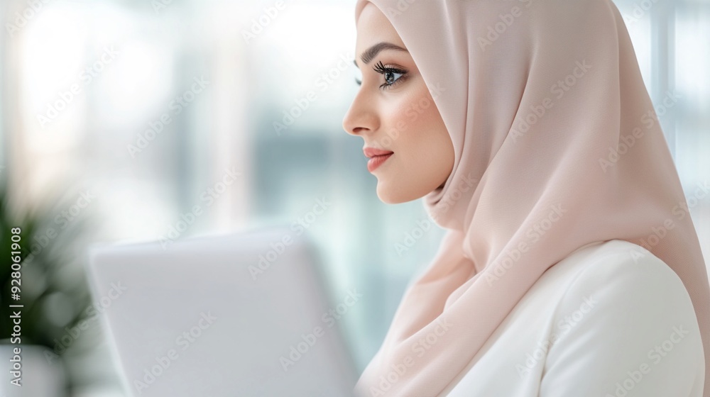 Professional hijabi woman presenting in a diverse tech startup meeting; colleagues include ...