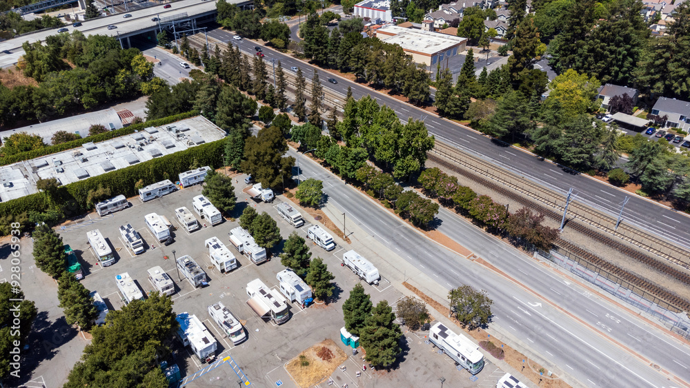 Aerial drone view of RV parking area serving as a safe parking space ...