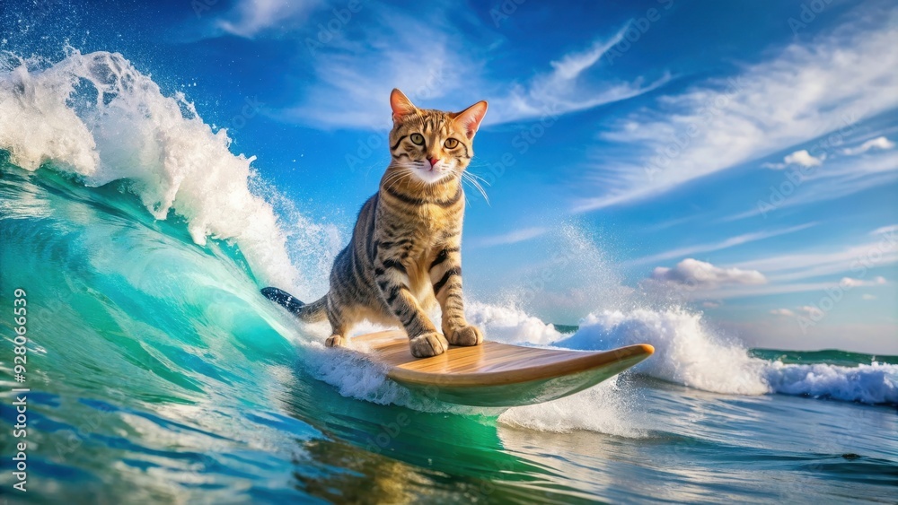 Surfboarding cat catching a wave at the beach, cat, surfboarding ...