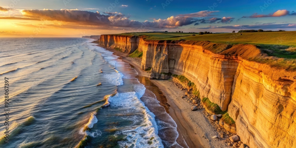 Eroded coastal cliffs at sunset revealing the effects of sea level rise ...