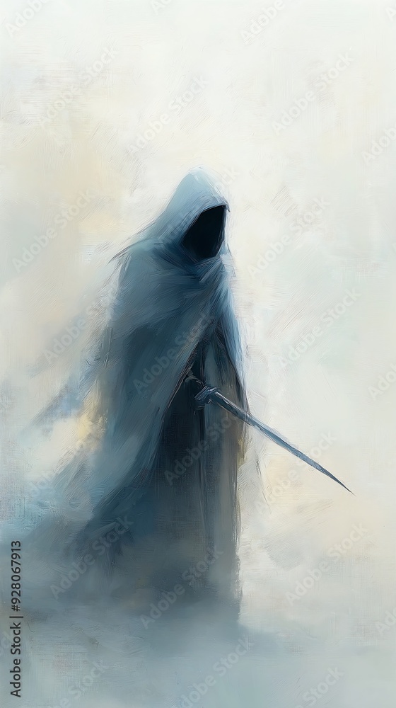 person hooded cloak holding sword icy cold pale silent atmosphere ...