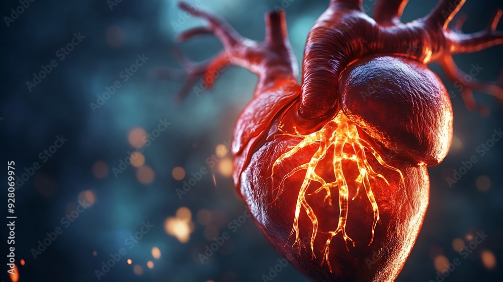 3D anatomical rendering of a human heart, with a focus on the cardiac ...
