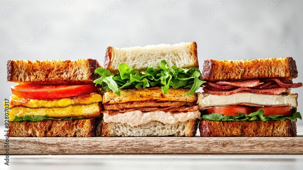 Prepackaged sandwich trio featuring different gourmet fillings, perfect ...