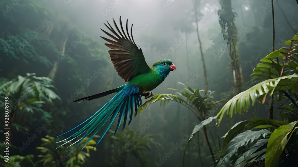 Exotic quetzal flying through a cloud forest. Flying Resplendent ...