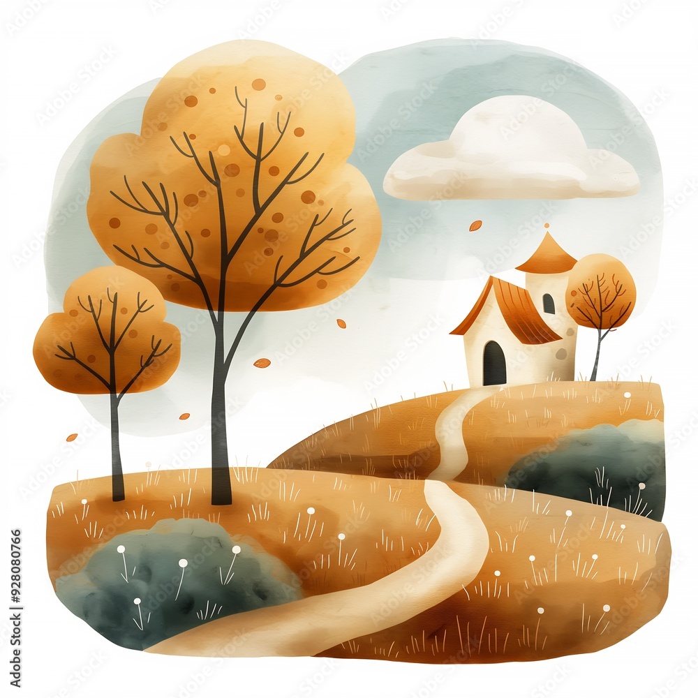 house middle field autumn leaves background rounded cute walking right ...