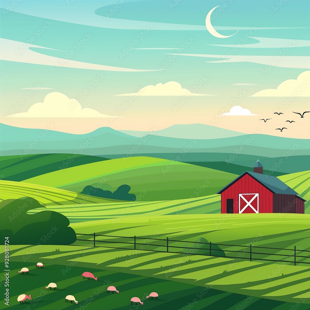 red barn middle green field illustrator vector graphics feed troughs ...