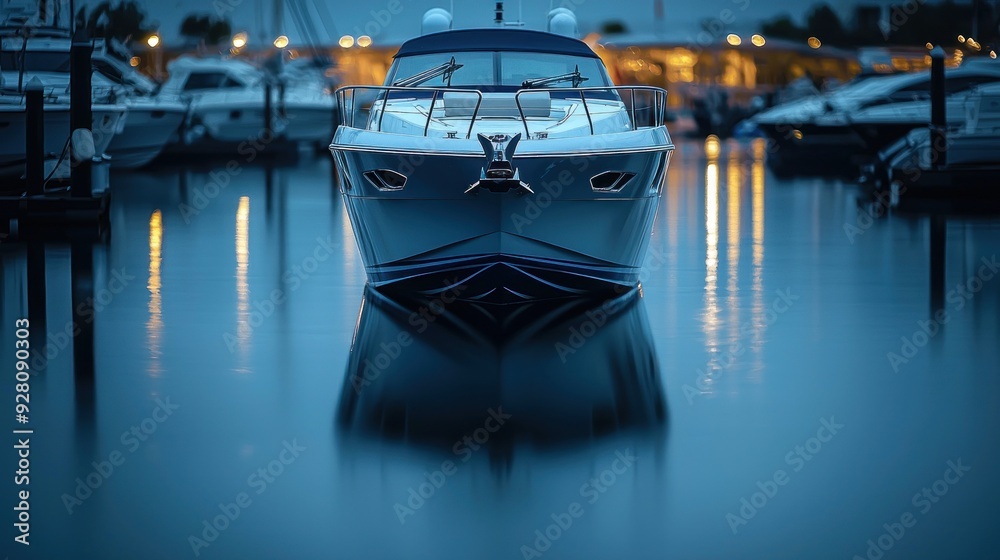 A still boat docked at a marina while water ripples in the background ...