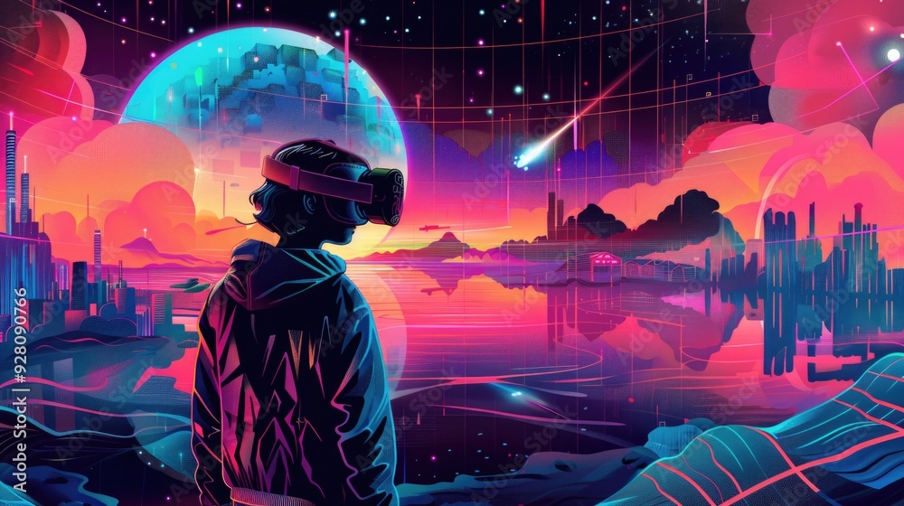 Digital escapism concept - Person exploring virtual reality environment ...