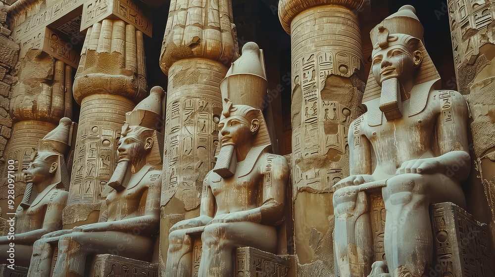 A close-up shot of four stone statues of pharaohs with intricate ...