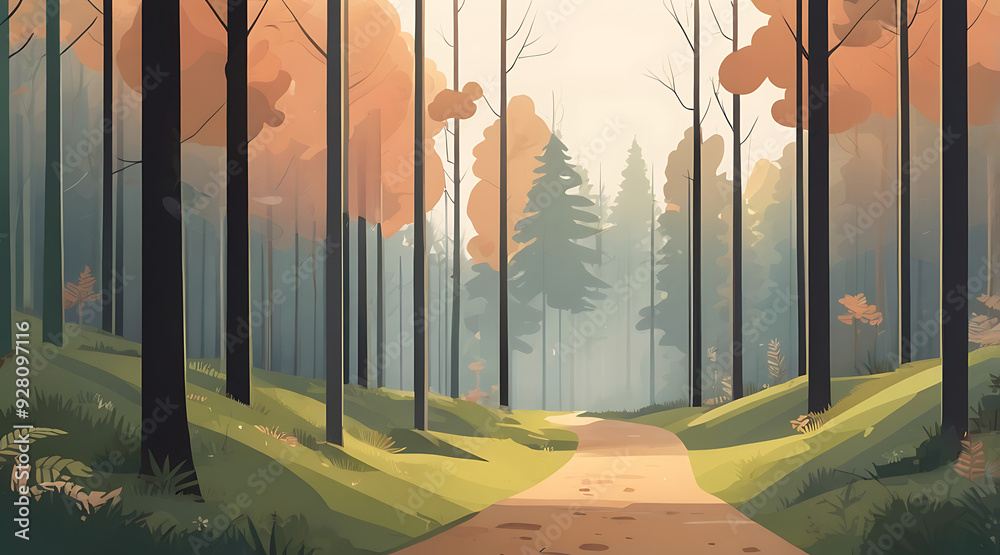2D Flat-Style Illustration of a Peaceful Forest Trail with Tall Trees ...