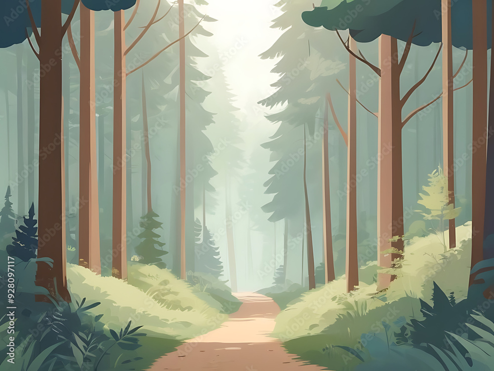 2D Flat-Style Illustration of a Peaceful Forest Trail with Tall Trees ...