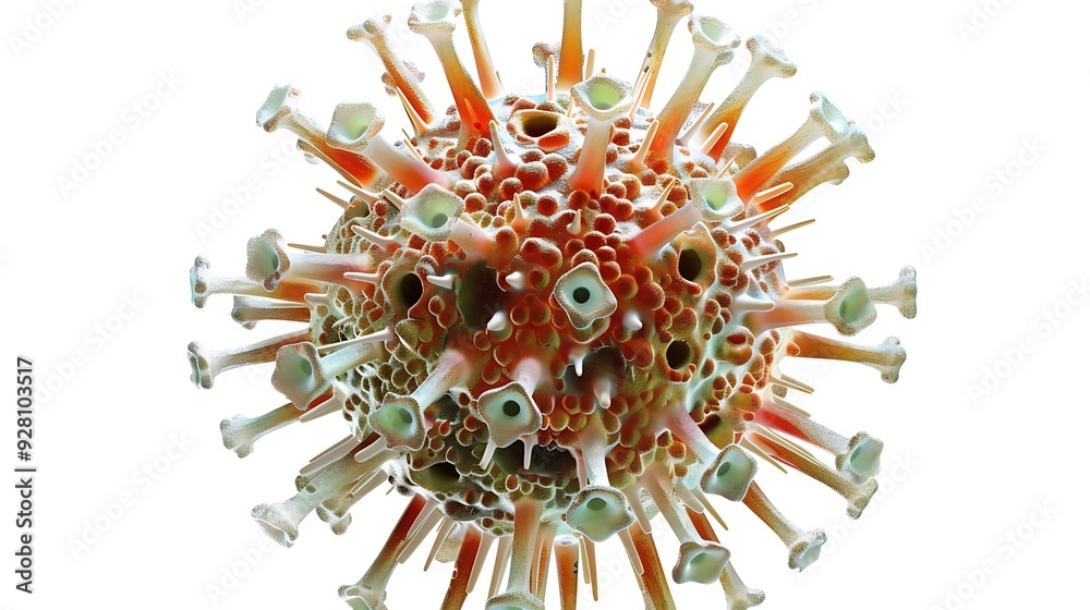 A detailed 3D rendering of the mpox virus, showing its spiky outer ...