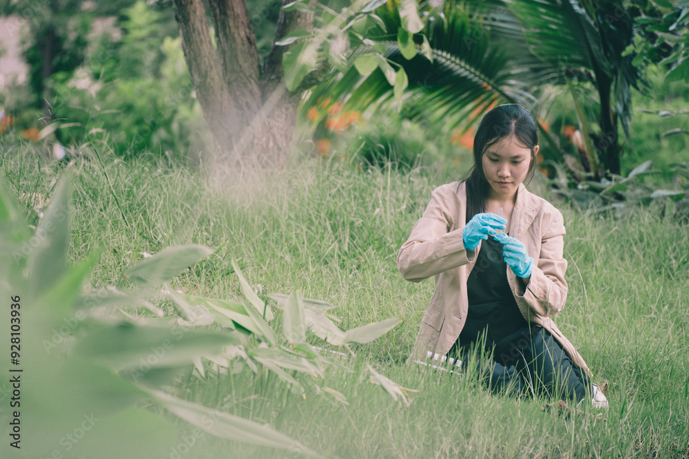 The outdoor woman scientist conducts medical research in the field of ...