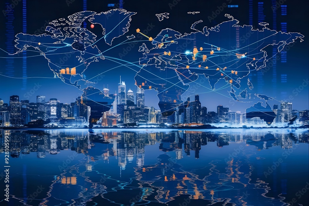 A digital world map overlaid on a cityscape with illuminated buildings ...