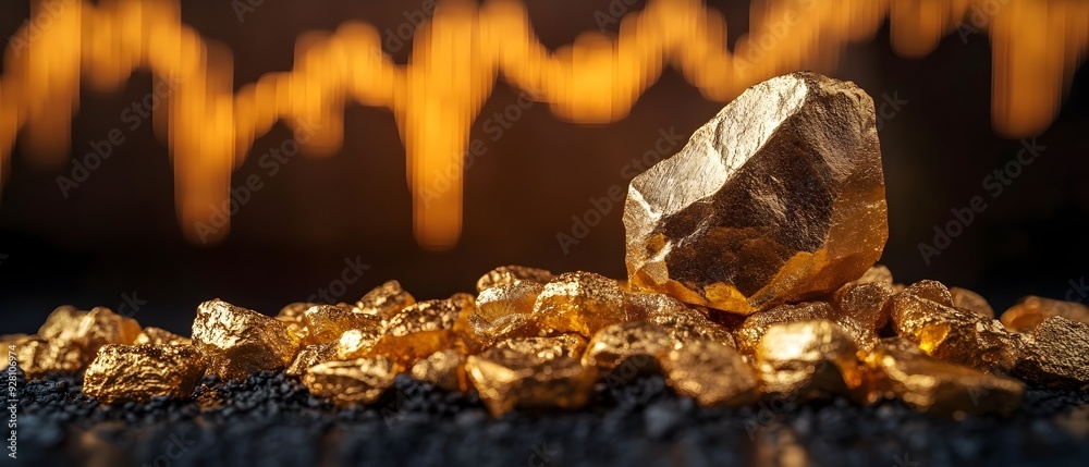 Glistening gold nuggets resting on a dark surface representing the ...