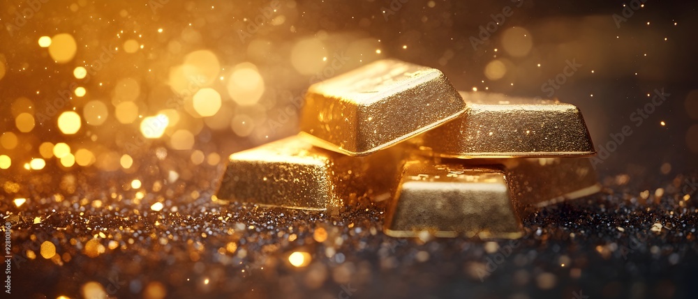 Stacked gold bars gleaming and glistening under dramatic lighting showcasing the precious metal ...