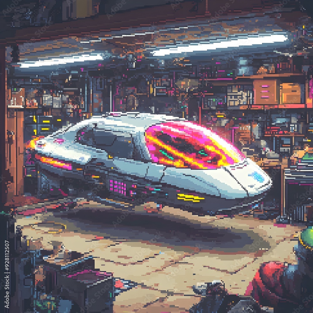 Ethereal Neon Hover-Craft Morphing in Cluttered High-Tech Garage Pixel Art Scene Stock ...