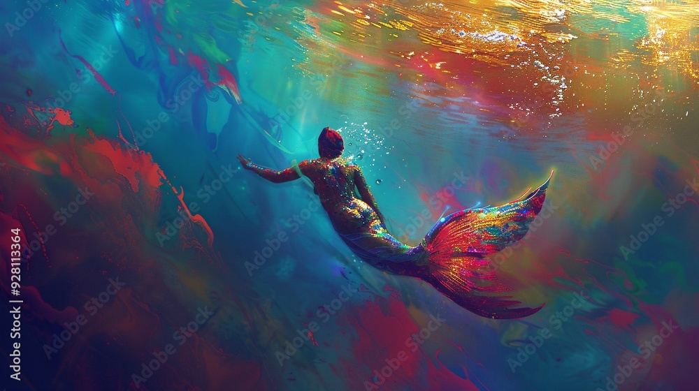 Surreal depiction of a human with a fish tail swimming in a colorful ...