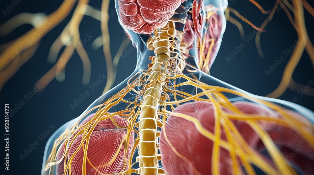 An anatomical illustration of the human nervous system, showcasing the ...