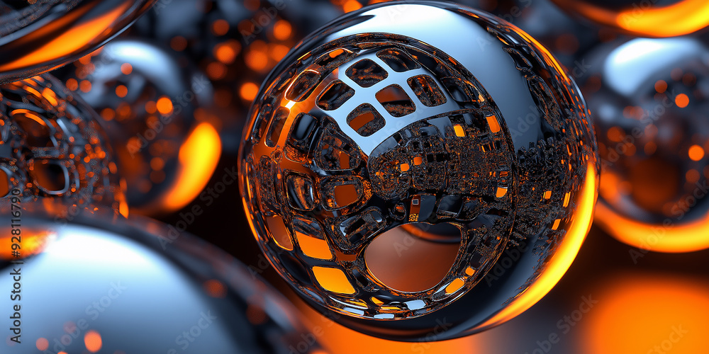 Complex metallic sphere structure floating with other spheres in orange ...