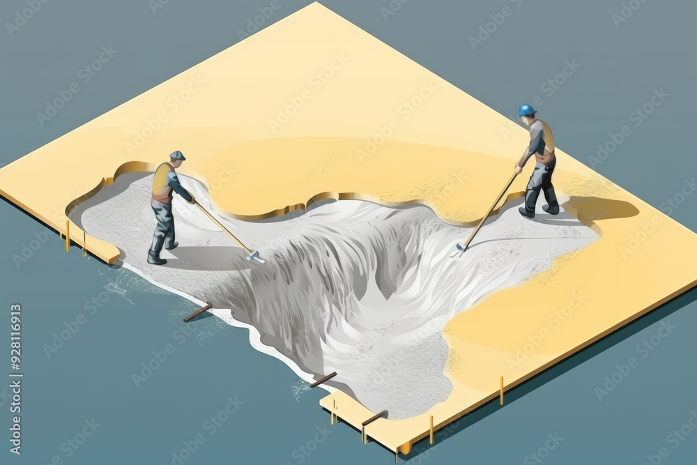 Two construction workers using rakes to level a sandy area at a ...