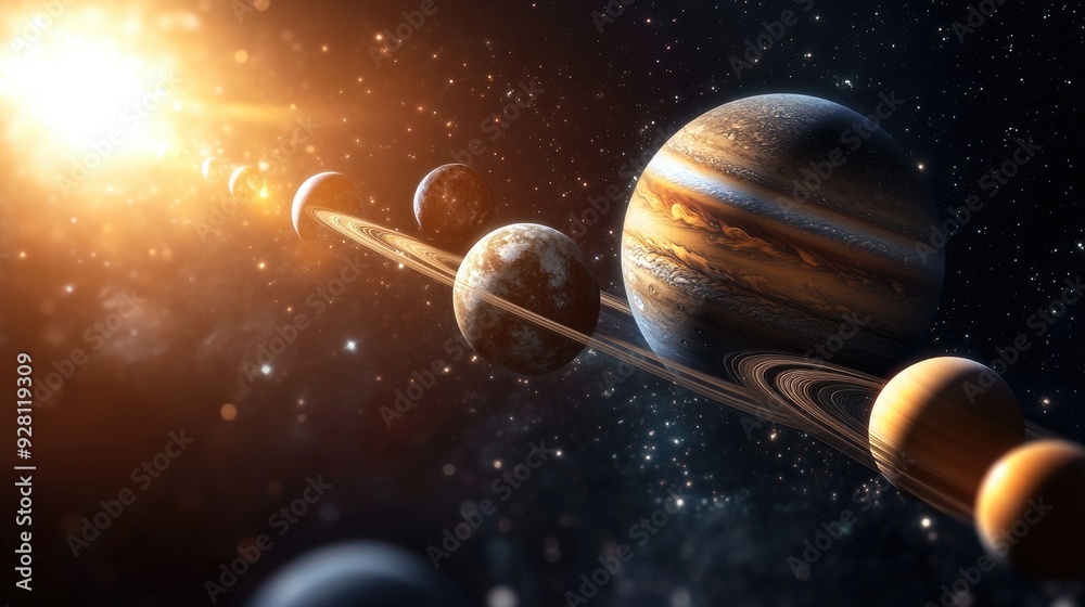 Planetary alignment in space with several planets lined up in a row ...