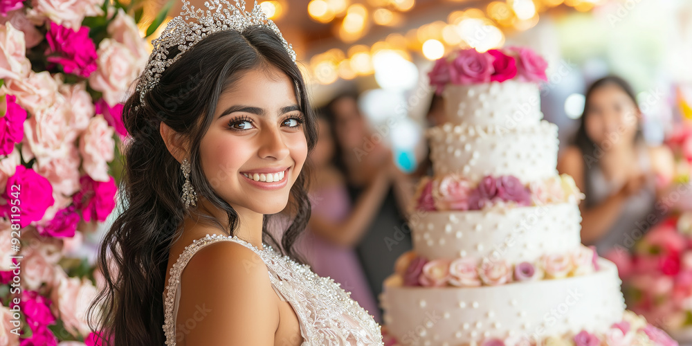 Beautiful latin girl smiling and posing at her quinceanera party with ...