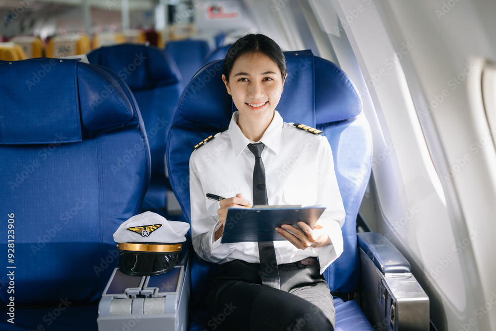 Asian Confident Female pilot in uniform leaning at the passenger seat ...