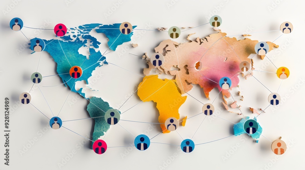 Colorful world map with interconnected people icons representing global ...