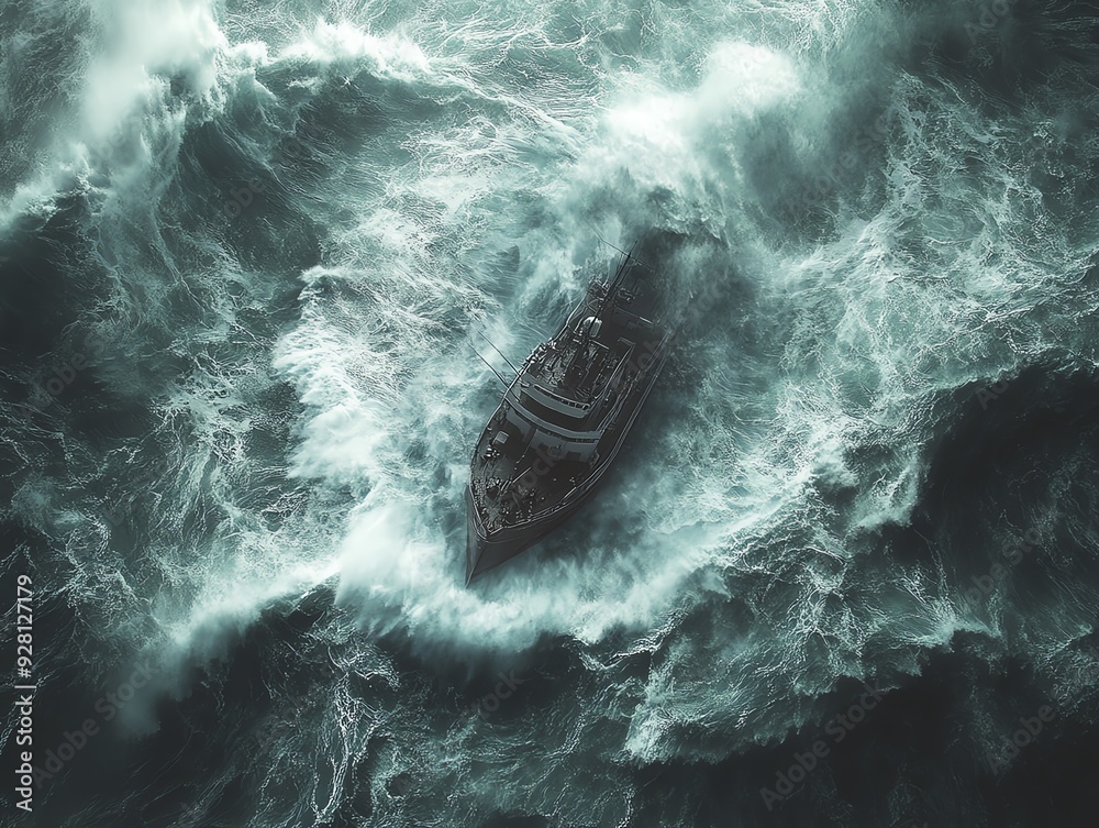 Design an aerial perspective of a stormy sea with a ship capsizing ...