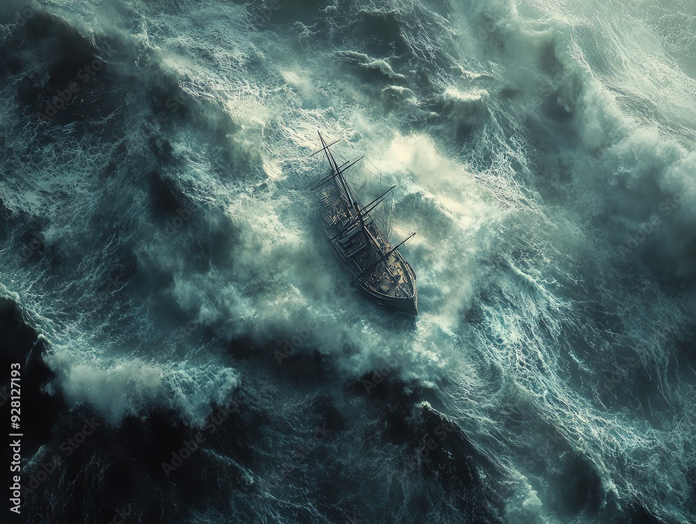 Design an aerial perspective of a stormy sea with a ship capsizing ...