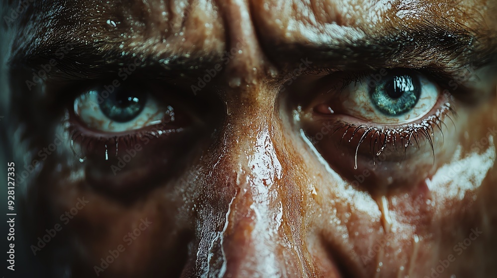 Illustrate a close-up of a tear-streaked face looking directly at the ...