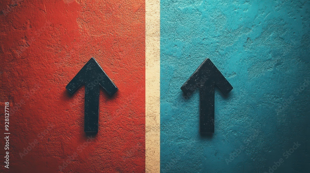Two black arrows pointing upward on contrasting red and blue textured ...