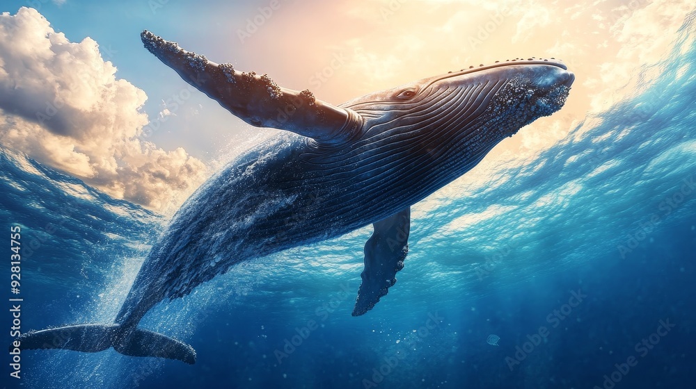 A humpback whale leaps out of the water, its massive body silhouetted ...