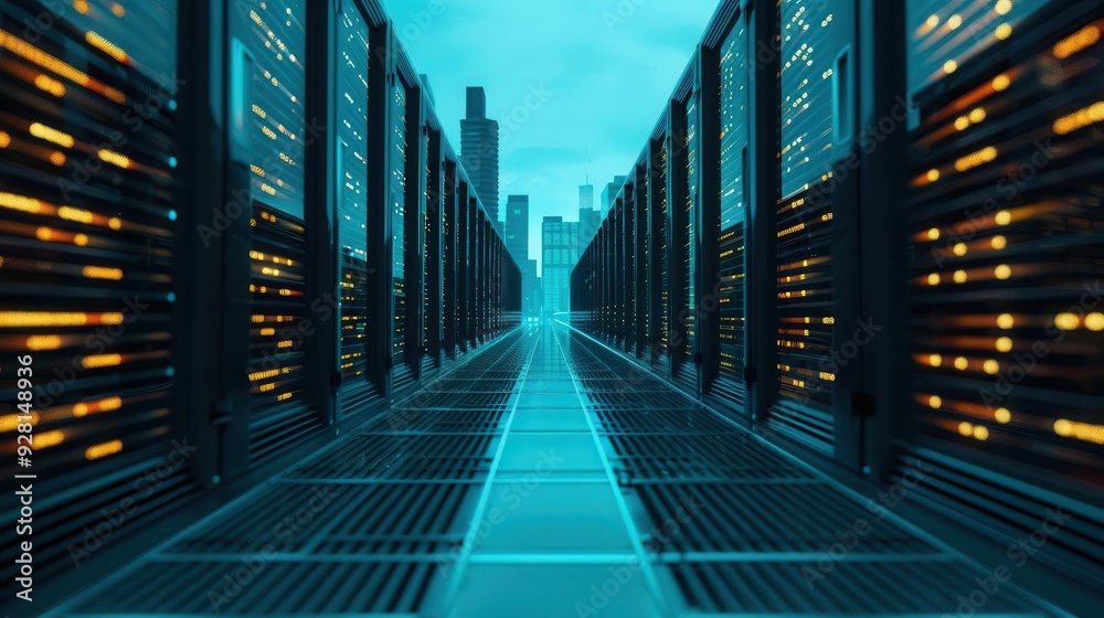 Futuristic interior of a data center, showcasing rows of servers ...