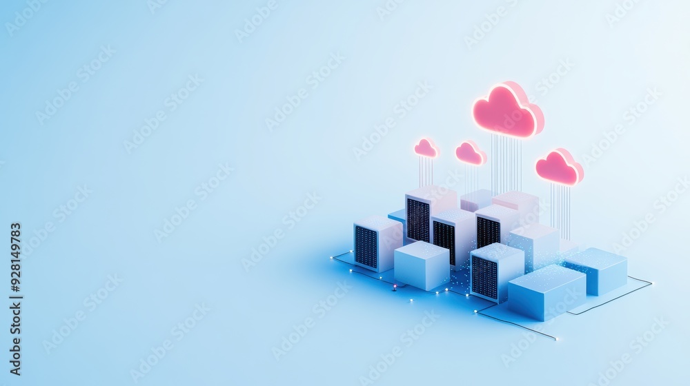 A graphic representation of a server farm with connections to remote ...