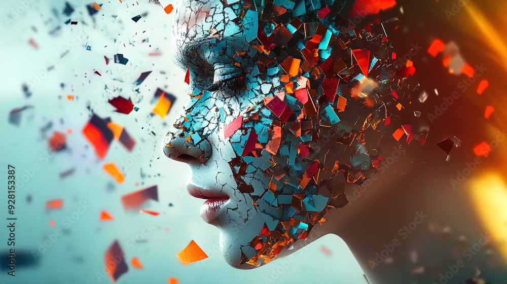 A digitally created image that portrays a human face disintegrating ...