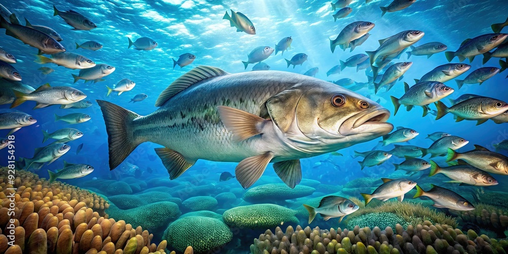 A large largemouth bass fish swims horizontally in front of a coral ...