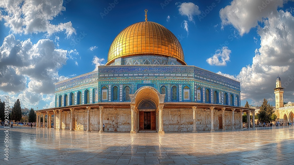 Panoramic view of the dome atop Al Aqsa Mosque in Jerusalem with clear ...